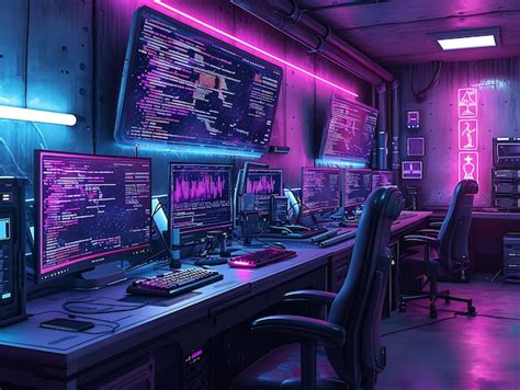 Premium Ai Image Interior Of Hacker Den With Scrolling Code Hologram Effect And 8 Bit Pix Vr