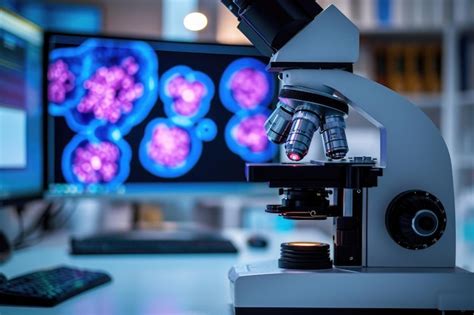 Premium Photo A Microscope Is Positioned On A Desk With A Monitor
