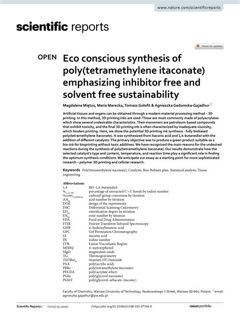 Pdf Eco Conscious Synthesis Of Polytetramethylene Itaconate Emphasizing Inhibitor Free And