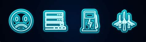 세트 라인 슬픈 미소 고객 관리 서버 전기 충전 소 및 풍력 터빈 빛나는 네온 아이콘 벡터 교통수단에 대한 스톡 벡터 아트 및 기타 이미지 Istock