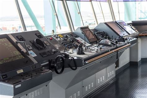 view on the control console of the container ship stock image image