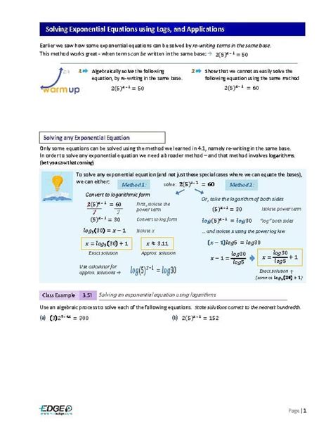 Solving Exponential Equations Using Logarithms By Edge Online Tpt