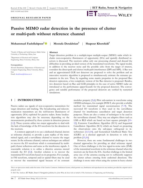 pdf passive mimo radar detection in the presence of clutter or multi