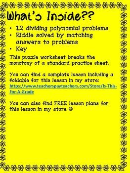 Dividing Polynomials By Monomials Riddle Activity Algebra TpT