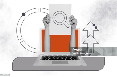 크리 에이 티브 사진 콜라주 컴퓨터 휴대용 퍼스널 컴퓨터 화면 손 가상 미디어 플래 카드 종이 시트 보여 주다 탐험 루프 개선 비즈니스 인포 그래픽 0명에 대한 스톡 사진