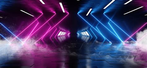 연기 안개 네온 형광 레이저 주도 환각 차고 우아한 미래 공상 과학 소설 타일 금속 바닥 및 Led 조명과 보라색과 파란색 빛나는 광선 3d 렌더링 지붕으로 현대 어두운 빈