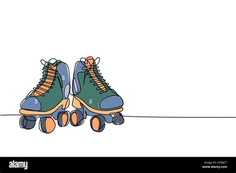 Single Continuous Line Drawing Pair Of Old Retro Plastic Quad Roller Skate Shoes Vintage