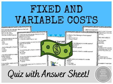 Fixed And Variable Costs Multiple Choice Quiz Teaching Resources
