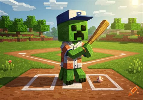 A Minecraft Creeper In A Baseball Uniform With A Cap And Bat Stands On