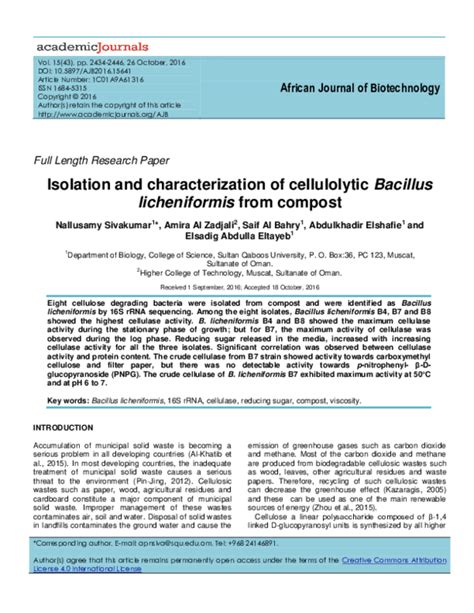Pdf Isolation And Characterization Of Cellulolytic Bacillus
