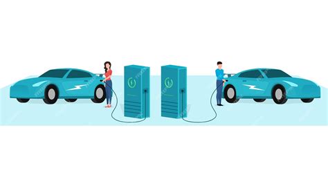 Ev 충전 포인트 비즈니스 문자 벡터 일러스트 레이 션 배경에 전기 자동차 충전 스테이션 차량에서 스포츠카를 충전 하는 남자와