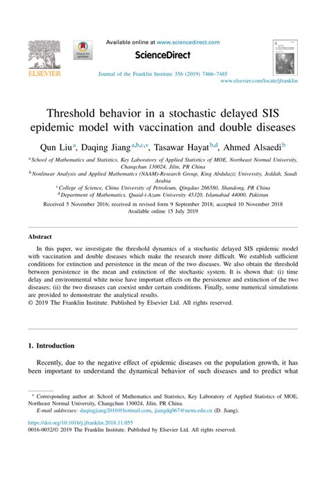 Pdf Threshold Behavior In A Stochastic Delayed Sis Epidemic Model