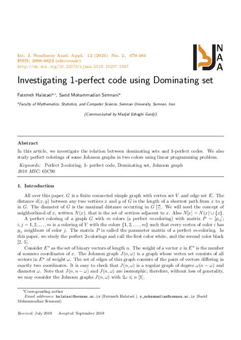 pdf investigating 1 perfect code using dominating set
