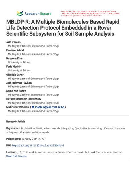 Pdf Mbldp R A Multiple Biomolecules Based Rapid Life Detection Protocol Embedded In A Rover