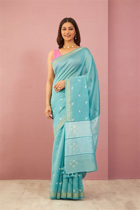 Blue Contemporary Pure Silk Cotton Embroidered Saree Taneira Online Store