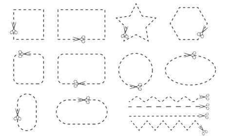 가위는 국경을 따라 종이를 잘라 점선 템플릿 집합입니다 쿠폰은 윤곽을 따라 잘라 스트로크 기하학적 모양 직사각형 정사각형 원