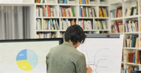 화이트보드에 글을 쓰고 비즈니스 회의에서 프레젠테이션을 발표하는 젊은 사업가의 뒷모습 사진 Unsplash의 러시아 이미지