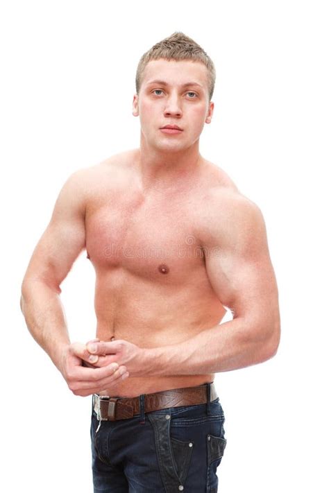 Muskulöser Mann Mit Dem Nackten Torso Lokalisiert Auf Weiß Stockfoto Bild von ausschnitt