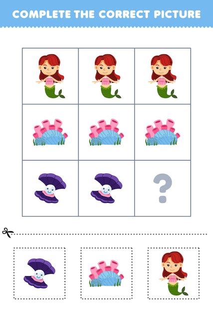 귀여운 만화 조개 산호 또는 인어 인쇄용 수중 워크시트의 올바른 그림을 선택하고 완성하는 어린이를 위한 교육 게임 프리미엄 벡터