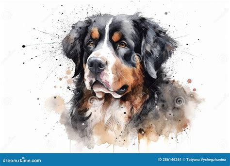 Watercolor Illustration Of Bernese Mountain Dog Portrait With Drops And