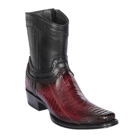 Los Altos Burgundy Ostrich Leg Ankle Boot Square Toe Side Zipper Ee