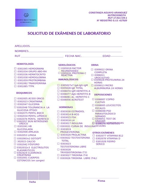 Solicitud De Exámenes De Laboratorio Pdf Medicina Clinica