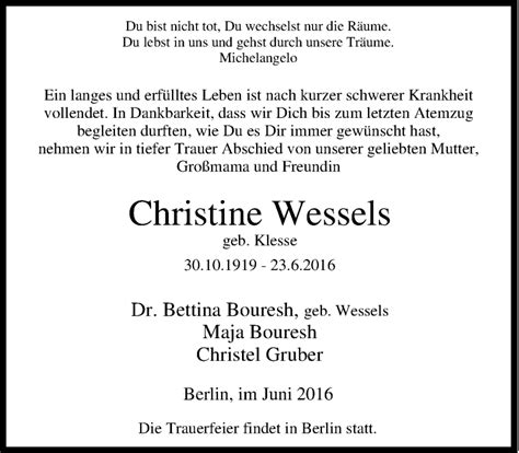 Traueranzeigen Von Christine Wessels Trauer In Nrw De