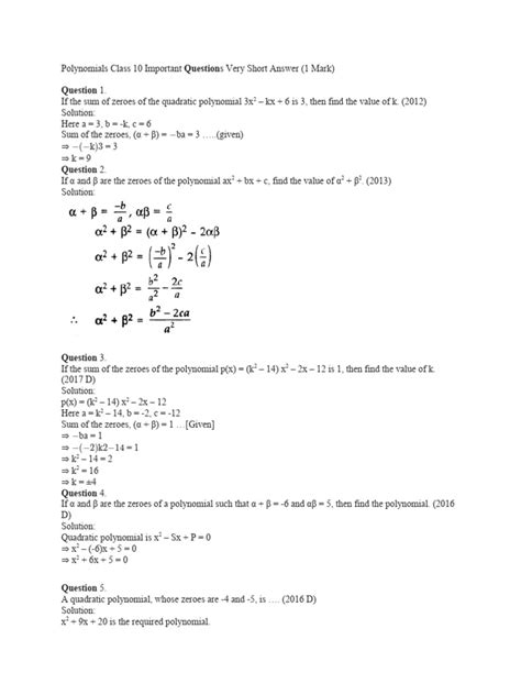 Polynomials Class 10 Important Questions Very Short Answer Pdf