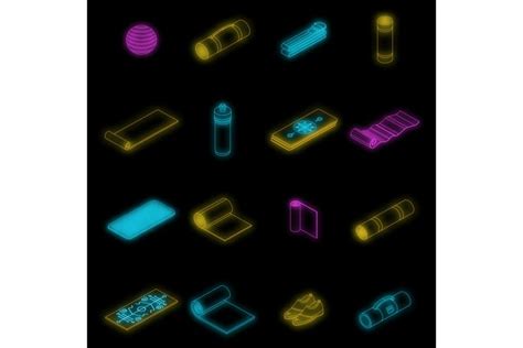 Yoga Mat Icons Set Vector Neon