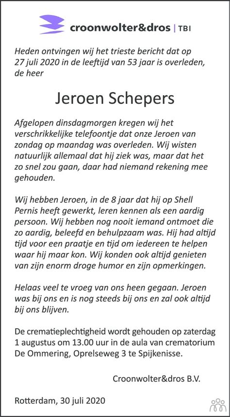 Jeroen Schepers 28 07 2020 Overlijdensbericht En Condoleances