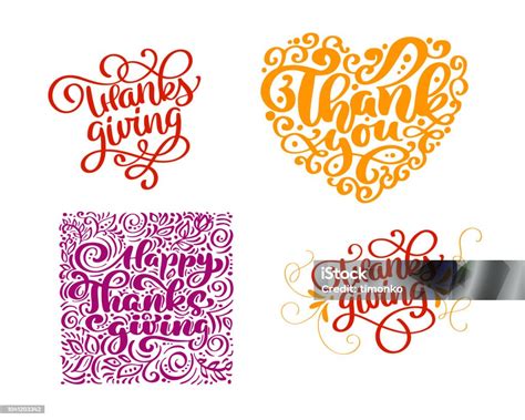 행복 한 추수 감사절에 대 한 서 예 텍스트 감사 합니다의 집합입니다 휴일 가족 긍정적인 따옴표 글자 엽서나 포스터 그래픽 디자인 타이포 그래피 요소입니다 벡터를 작성 하는