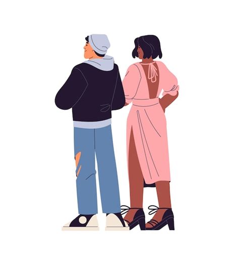 스트리트 패션 옷을 입은 소년과 귀여운 드레스를 입은 소녀가 함께 서있는 뒷면 멋진 사람들 두 명의 다양한 친구가 뒷면을