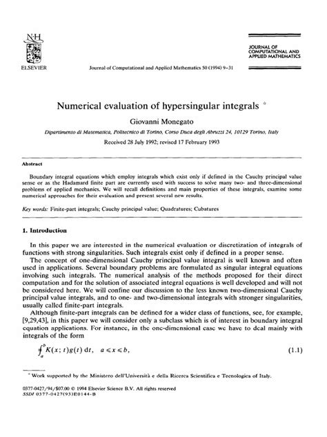 1994 Monegato Numerical Evaluation Of Hypersingular Integrals Pdf