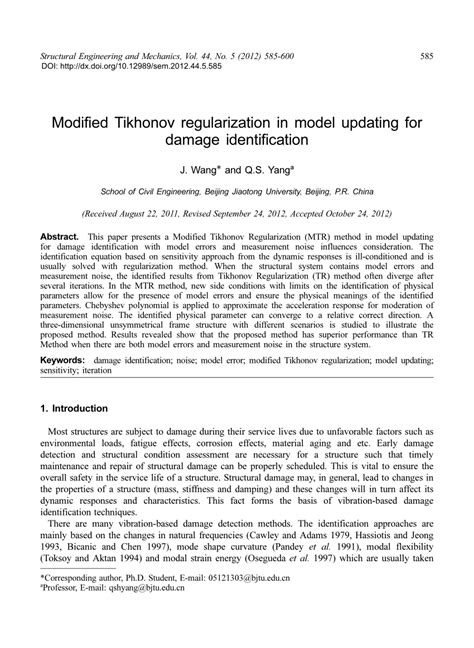 Pdf Modified Tikhonov Regularization In Model Updating For Damage