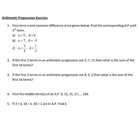 Solved Rithmetic Progression Exercise 1 First Term A And