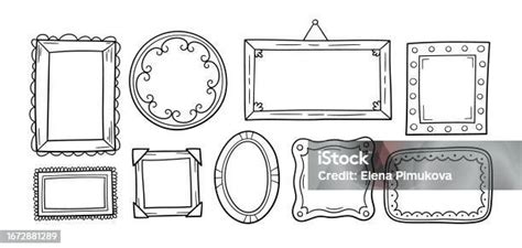 빈티지 손으로 그린 액자 낙서 사진 프레임 세트입니다 빈 검은색 스케치 정사각형 직사각형 및 원형 그림 테두리를 낙서합니다 흰색 배경에 분리된 벡터 낙서 그림 0명에 대한