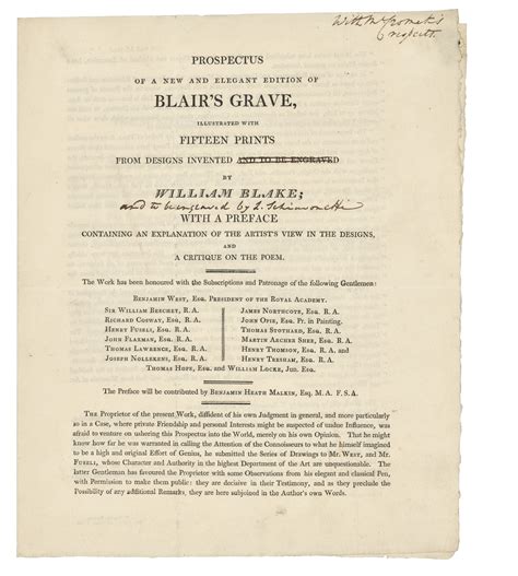 William Blake 1757 1827 Prospectus Of A New And Elegant Edition Of Blairs Grave London