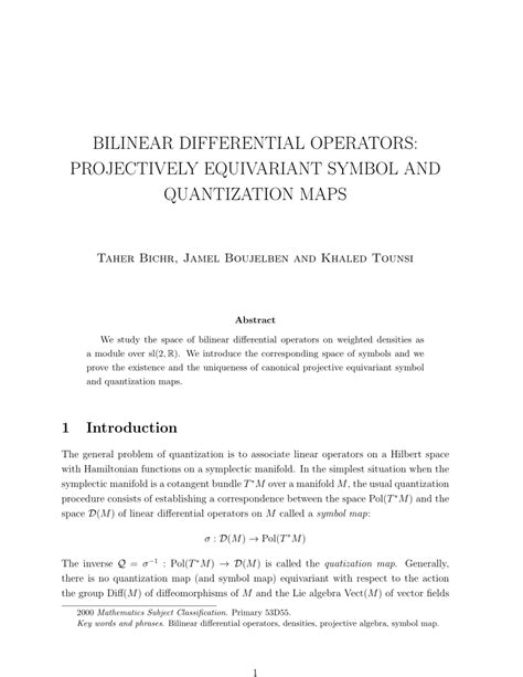 Pdf Bilinear Differential Operators Projectively Equivariant Symbol