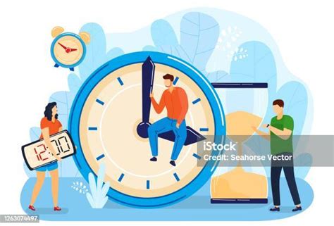 비즈니스 시간 관리 벡터 일러스트레이션 만화 플랫 작은 매니저 캐릭터 팀 알람 시계 디지털 시계로 작업 시간을 관리 벽 시계에 대한 스톡 벡터 아트 및 기타 이미지 Istock