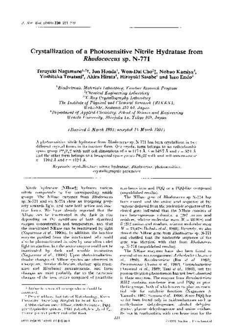 Pdf Crystallization Of A Photosensitive Nitrile Hydratase From Sp N 771