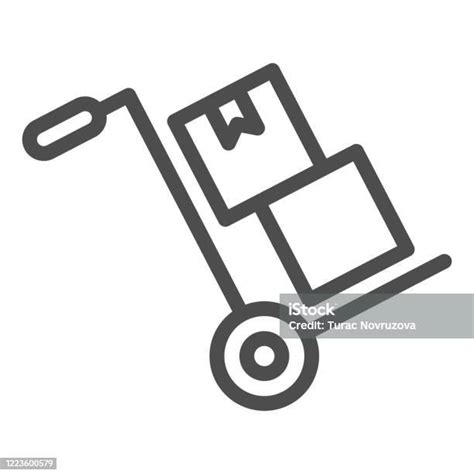 상자 라인 아이콘 배달 및 물류 기호 흰색 배경에화물 운송 벡터 기호 카트 윤곽 스타일의 골판지 아이콘이있는 손수레 벡터