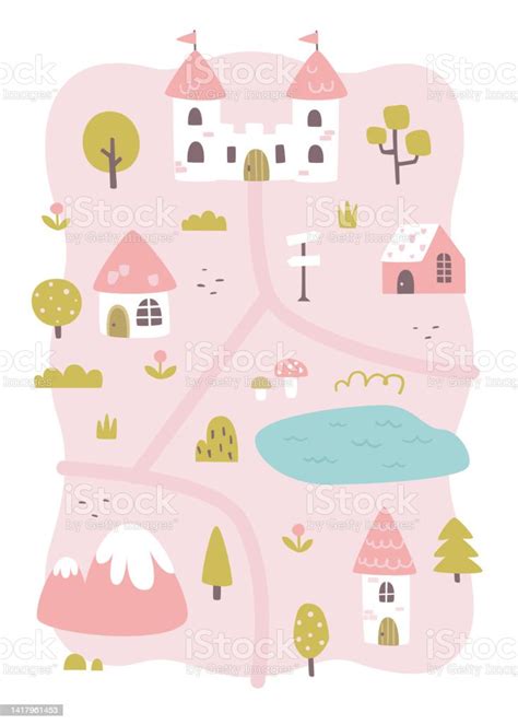 동화 마을 귀여운 분홍색지도 아기 소녀 카펫을위한 중세 만화지도 인쇄 0명에 대한 스톡 벡터 아트 및 기타 이미지 0명 건물 외관 궁전 Istock
