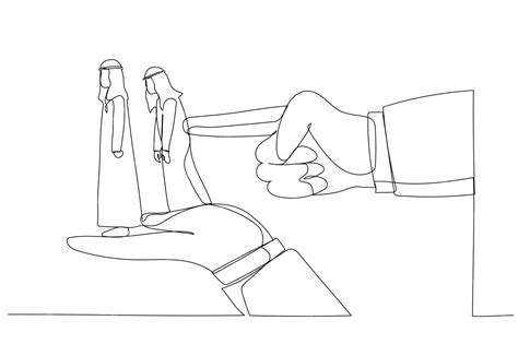 검지 손가락의 그림 큰 손에 서 있는 아랍 남자의 행을 뒤집는 해고 실업 해고에 대한 은유 한 라인 아트 스타일 프리미엄 벡터