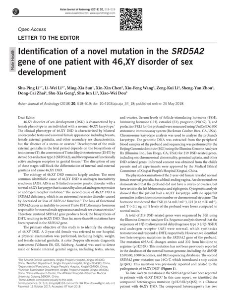 Pdf Identification Of A Novel Mutation In The Srd5a2 Gene Of One