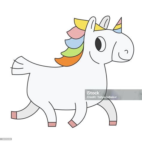 귀여운 만화 유니콘 조깅 카메라를 바라보는 여러 가지 빛깔의 갈기와 재미있는 흰색 유니콘 매직 유니콘 실행 벡터 클립 아트 일러스트레이션을 2d로 합니다 손으로 그린 심플한
