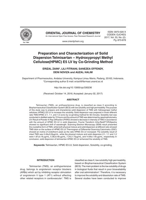 Pdf Oriental Journal Of Chemistry Preparation And Characterization Of Solid Dispersion
