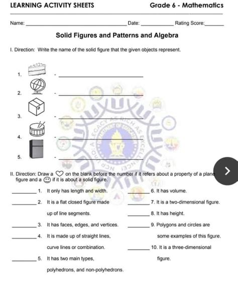 Solved Learning Activity Sheets Grade 6 Mathematics Name Date Rating Score Solid Figures