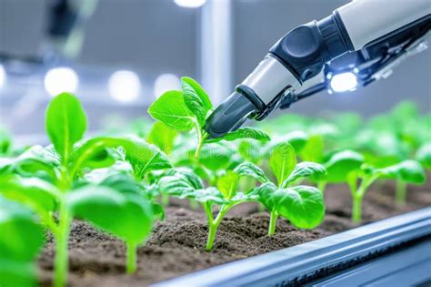 High Tech Sustainable Farm Utilizing Robotic Arms For Planting Green Seedlings In Nutrient Rich