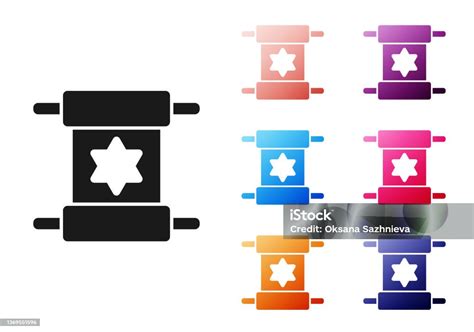 흰색 배경에 격리 된 블랙 토라 스크롤 아이콘 확장 된 형태로 유대인 토라 다윗 기호의 별 오래된 양피지 두루마리 다채로운 아이콘을 설정합니다 벡터 하누카에 대한 스톡 벡터