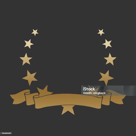 황금 리본이 달린 현실적인 별 금 월계관 프리미엄 휘장 검은 배경에 전통적인 승리의 상징 승리 승리 포스터 배너 레이아웃 반짝이는 프레임 테두리 3차원 형태에 대한 스톡